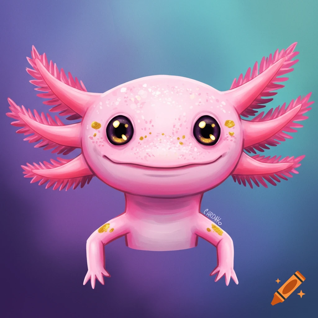 Cartoon illustration of a pink axolotl face with big eyes and glitter ...
