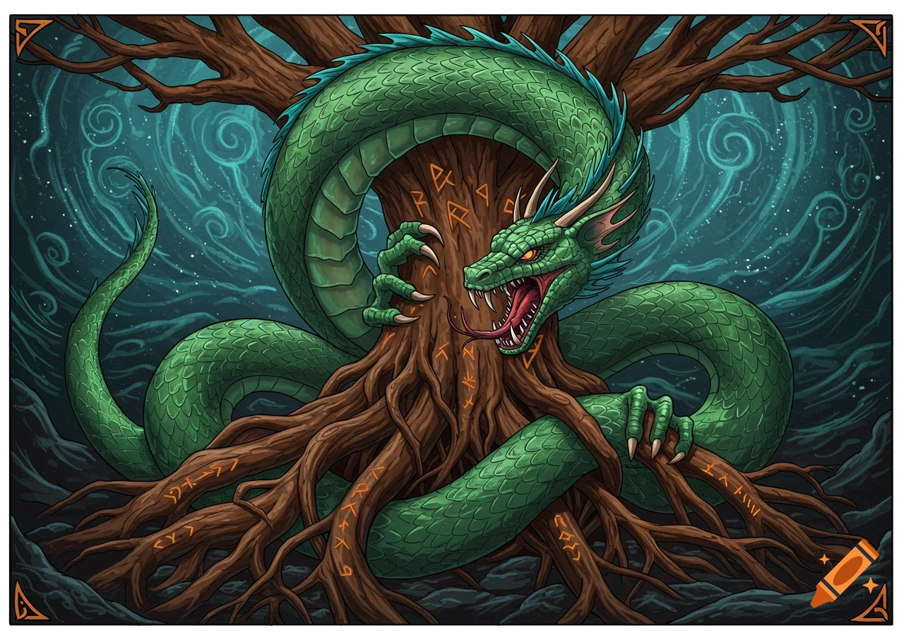 A green dragon with glowing eyes wrapped around a tree trunk covered in ...
