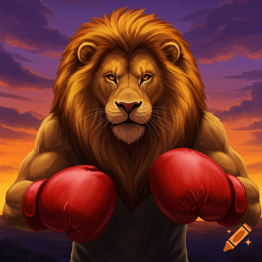 A muscular lion wearing red boxing gloves stands against a dramatic ...
