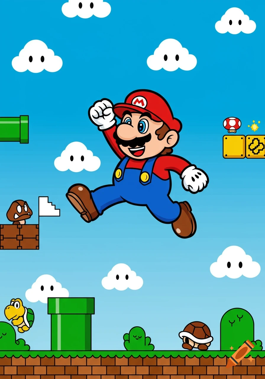 Super Mario jumping in a classic level with Goomba and Koopa Troopa. on ...