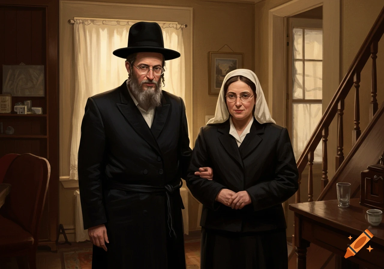 A man and woman in Orthodox Jewish attire stand in a home. on Craiyon