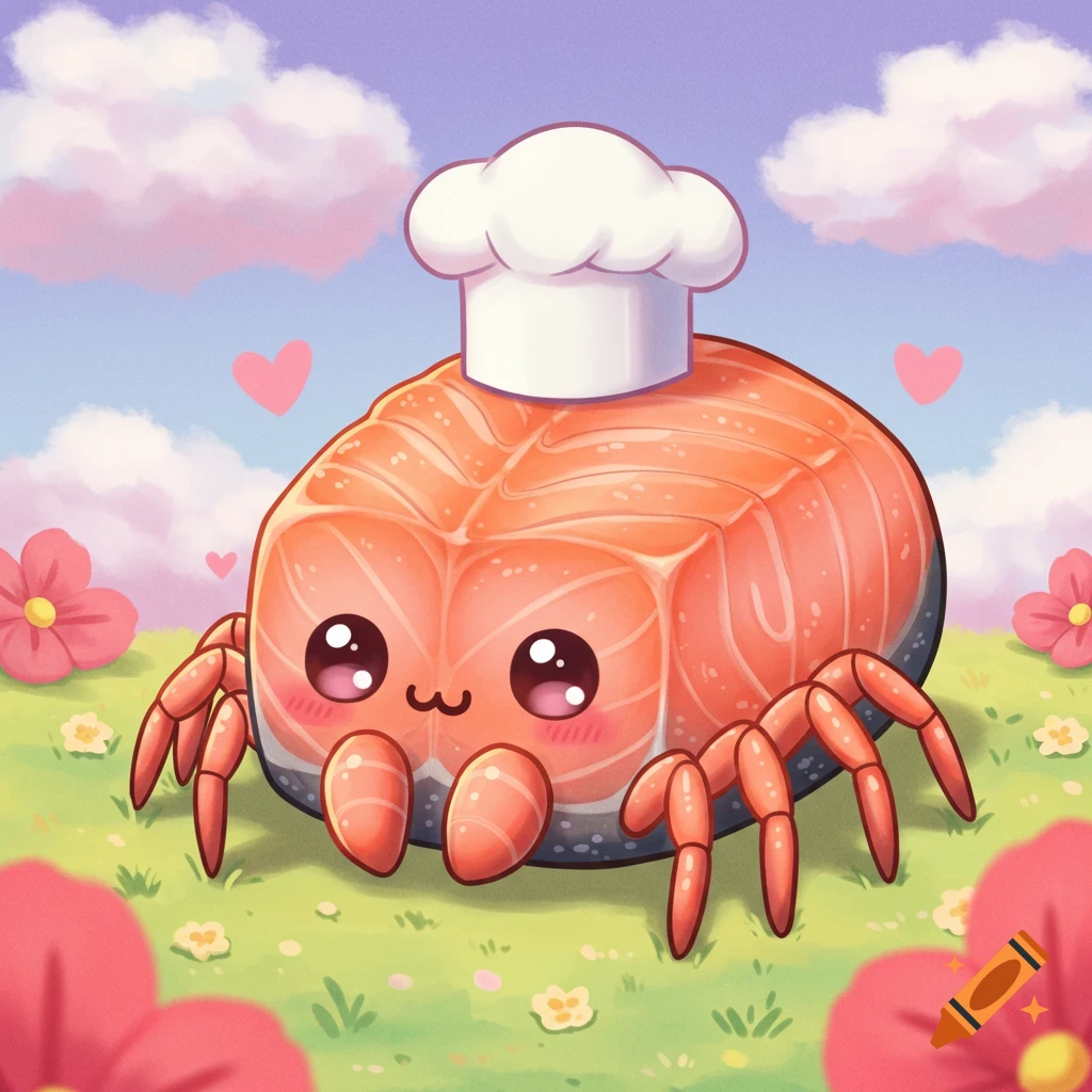 Cute cartoon salmon spider wearing a chef hat in a field of flowers. on ...