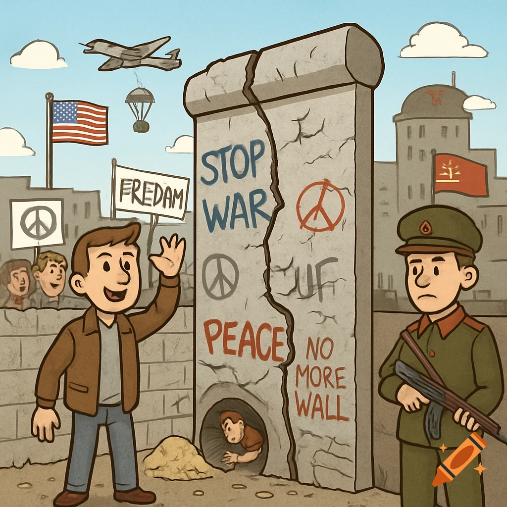Cartoon of people at the Berlin Wall with graffiti, a soldier, flags ...