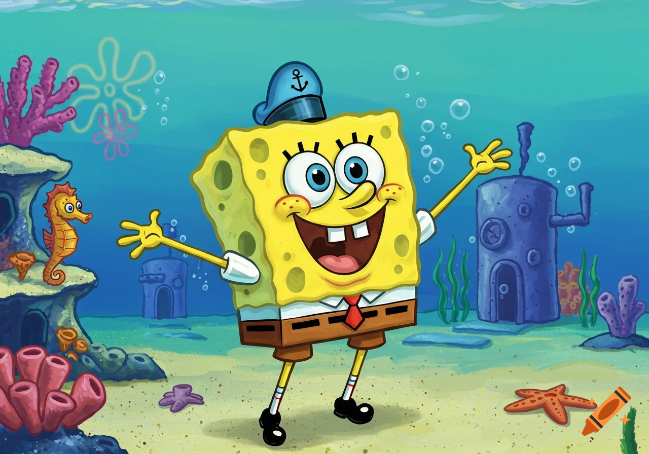 Spongebob Squarepants underwater with a blue hat on Craiyon