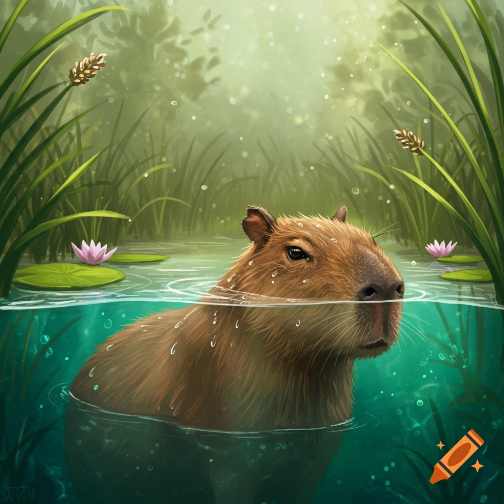 Digital illustration of a capybara swimming in a pond with lily pads ...