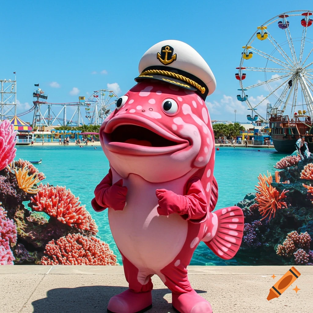 A pink fish mascot wearing a captain's hat stands by a coral reef wall ...