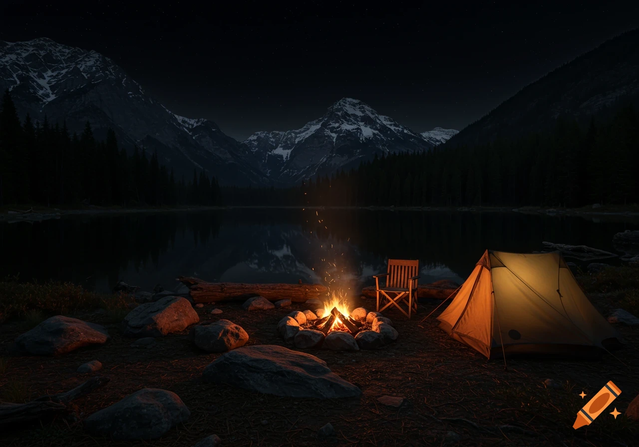 Realistic image of a campsite at night with a glowing tent, campfire ...