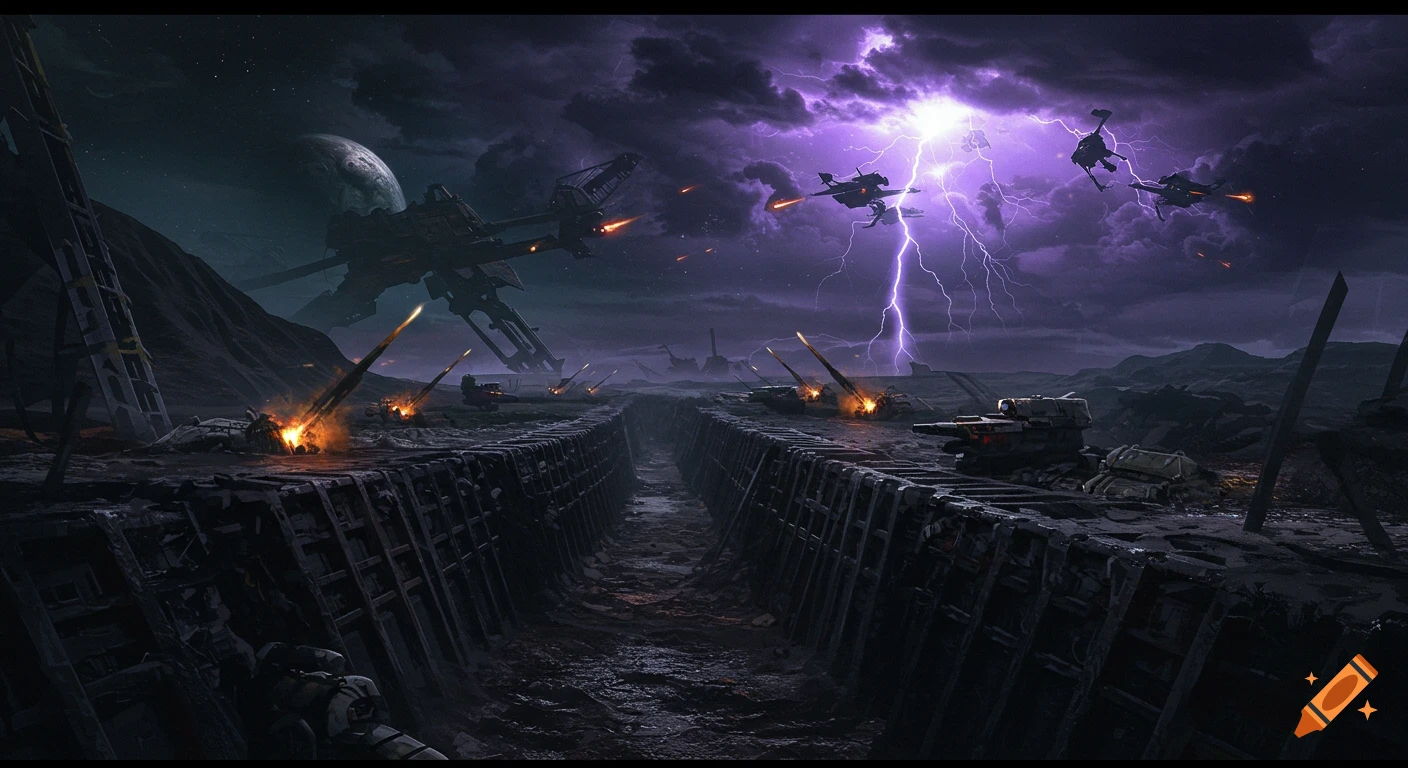 Dark sci-fi battle scene in a trench on an alien planet under a purple ...