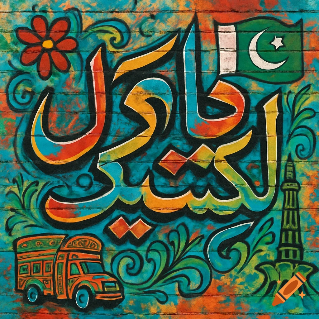 Colorful graffiti art on a brick wall with Urdu calligraphy, Pakistan ...