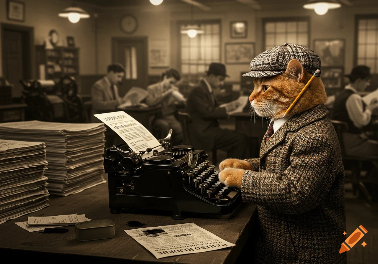 Sepia photo of a cat reporter in a 1930s newsroom, typing on a ...