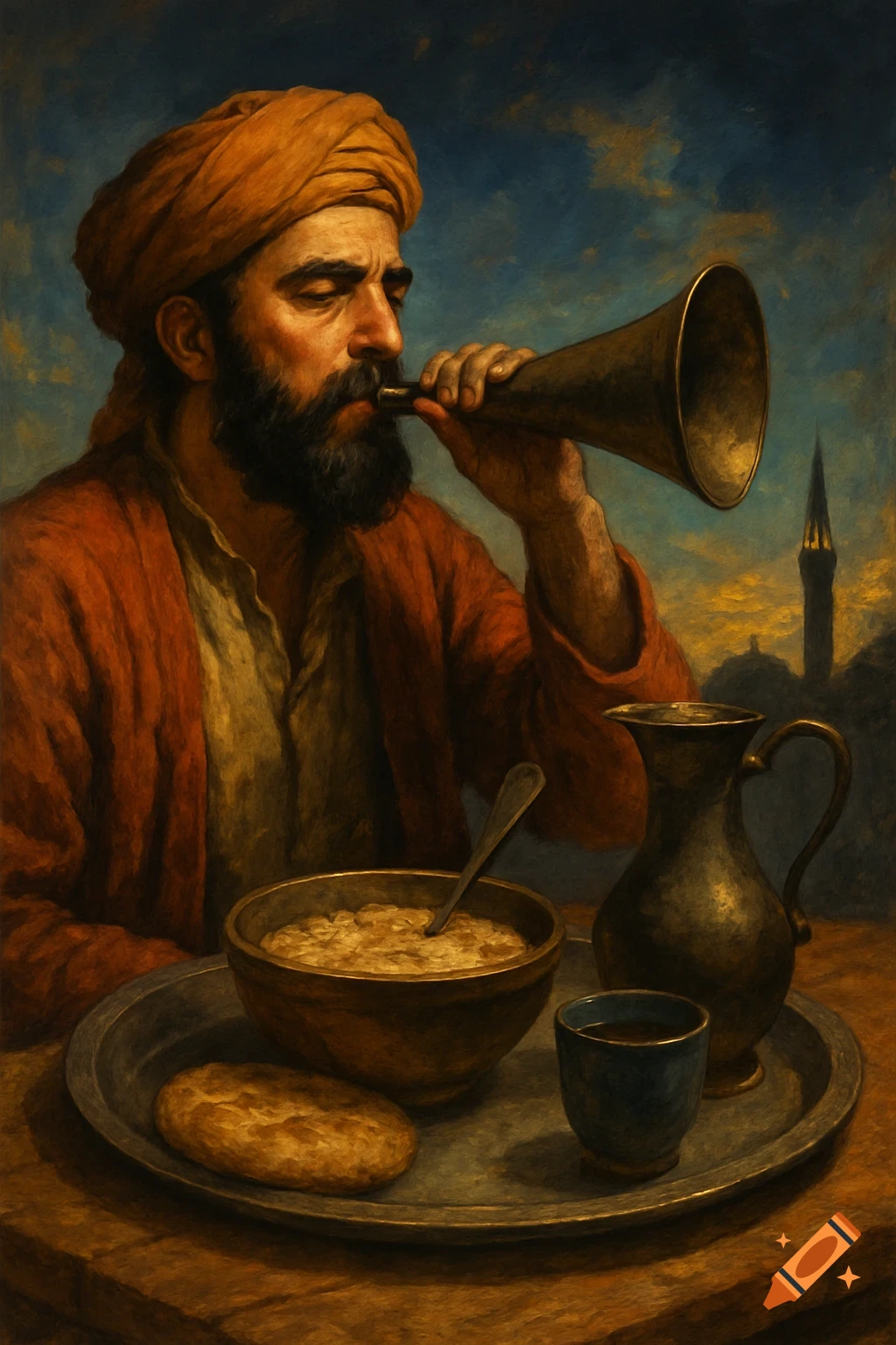 A man wearing an orange turban and robe blows a horn at a table set ...