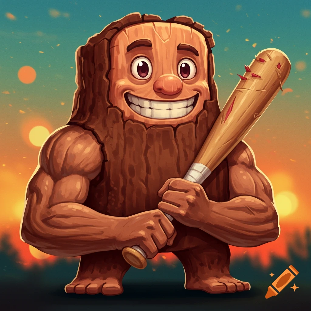 Cartoon log character with arms and legs, smiling and holding a spiked ...
