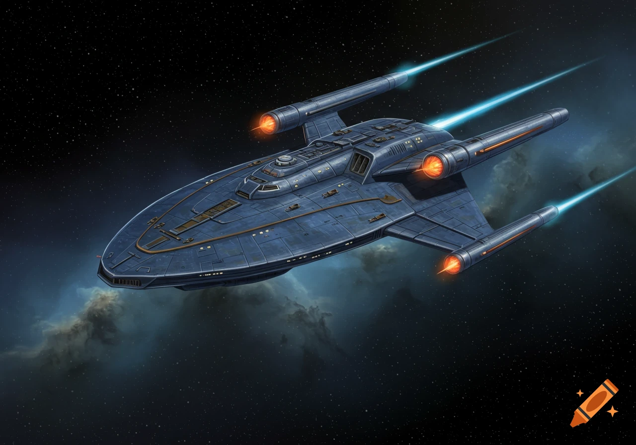 A detailed blue spaceship flying through space. on Craiyon