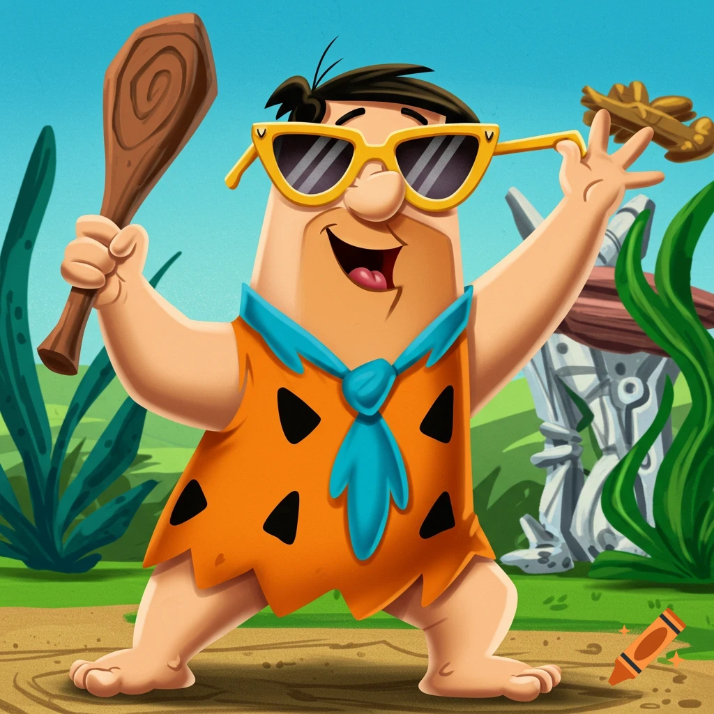 Cartoon illustration of Fred Flintstone wearing sunglasses and holding ...