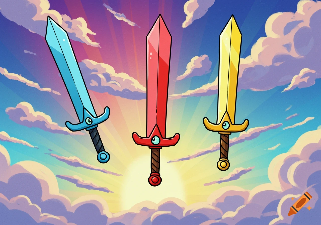 Cartoon of three colorful swords floating in a sunny, cloudy sky. on ...