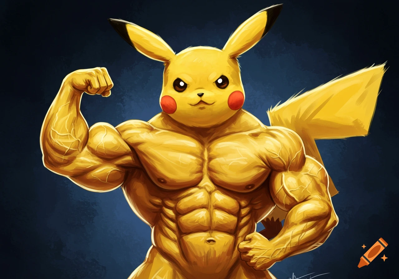A muscular Pikachu flexing its biceps, looking determined. on Craiyon