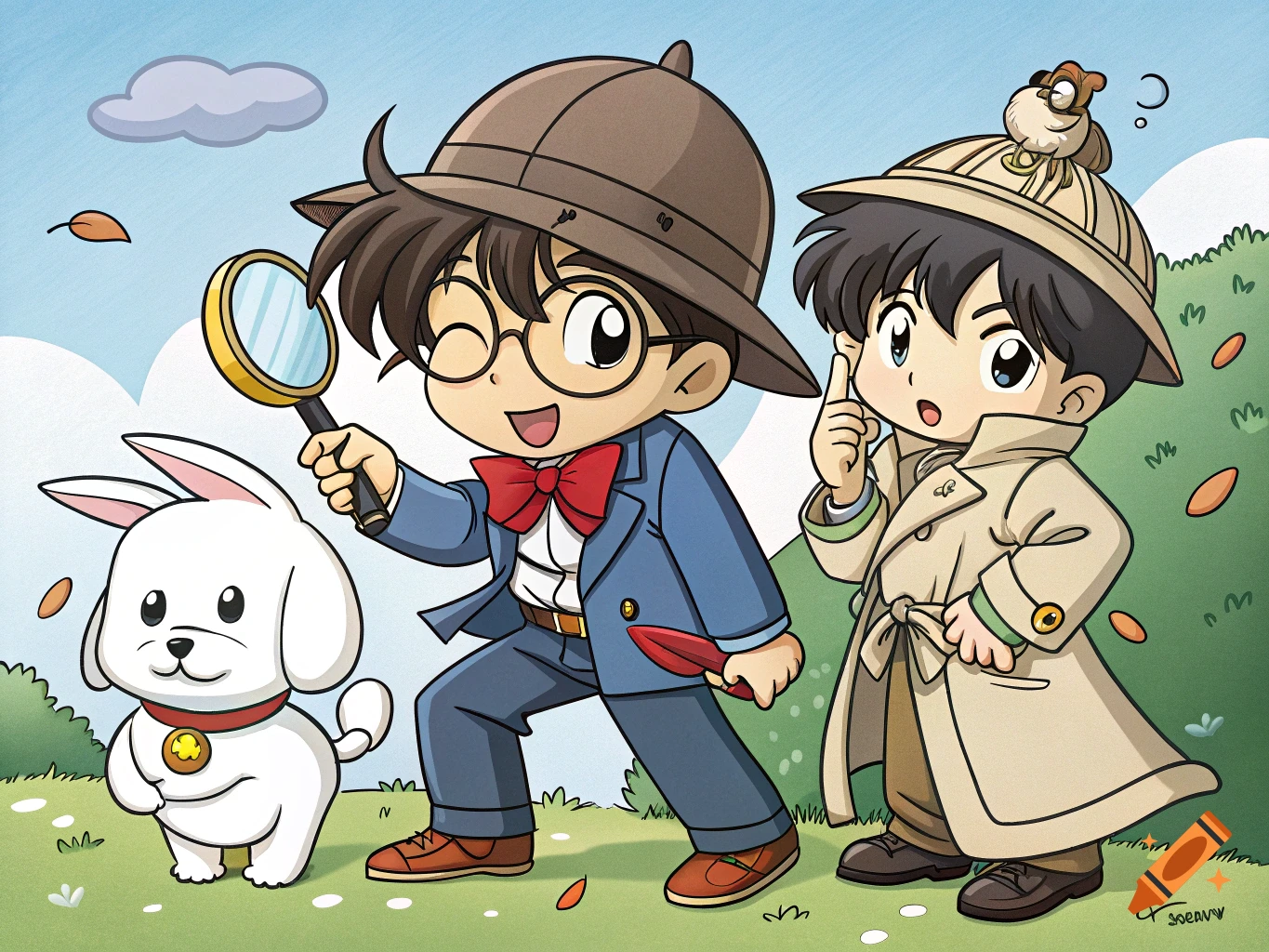 Two chibi anime characters in detective hats with a dog/rabbit and bird ...