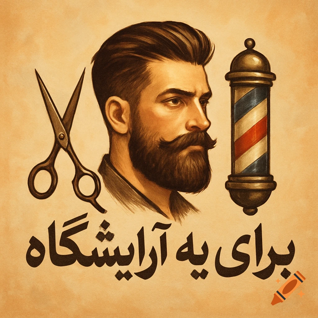 Illustration of man's profile with beard, scissors, barber pole, and ...