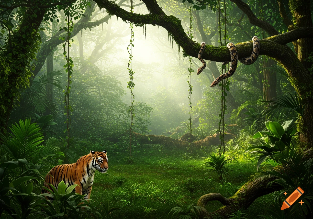 A photorealistic jungle scene with a tiger in the undergrowth and ...