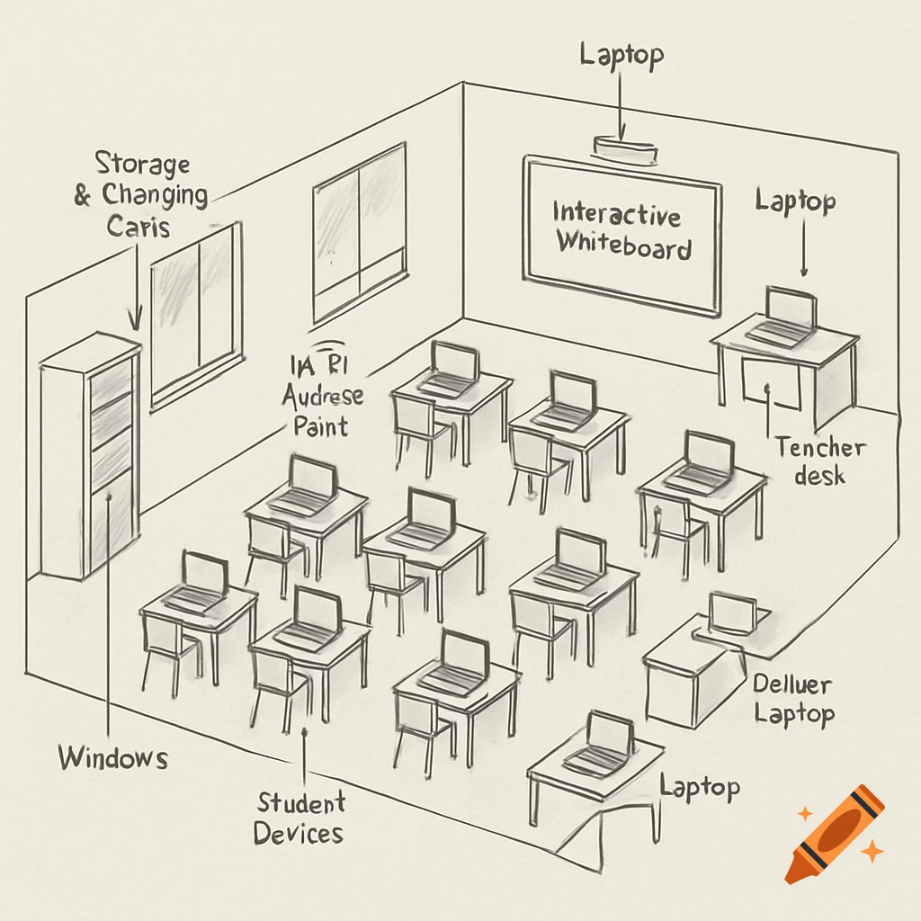 Sketch diagram of a classroom layout with labeled desks, laptops ...