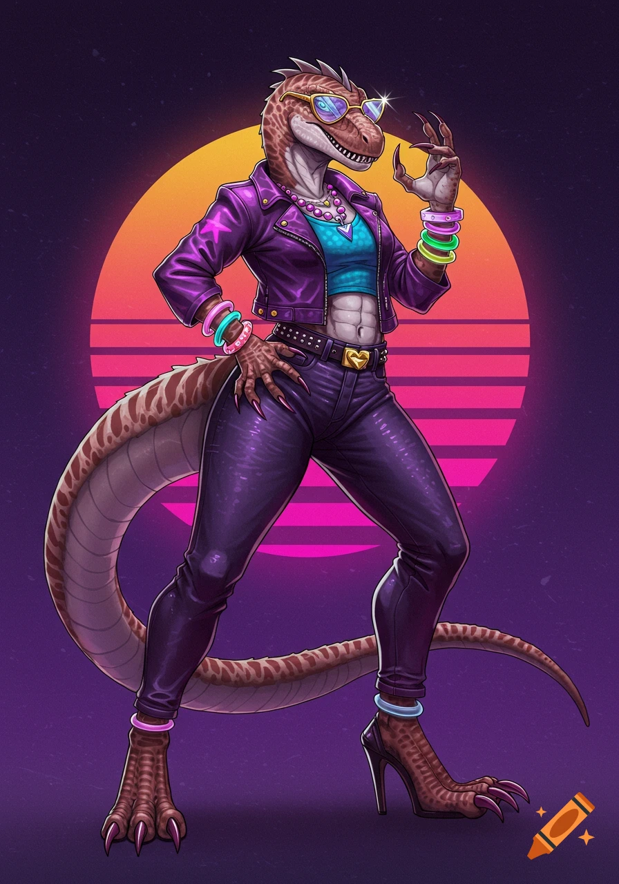 Anthro raptor in 80s fashion with sunglasses and high heels standing in ...