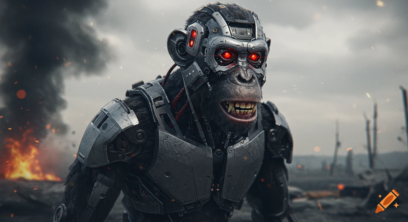 Cyborg ape with red eyes and metal armor stands in a smoky post ...
