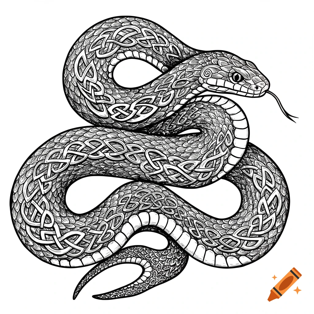 A black and white illustration of a coiled snake decorated with Celtic ...