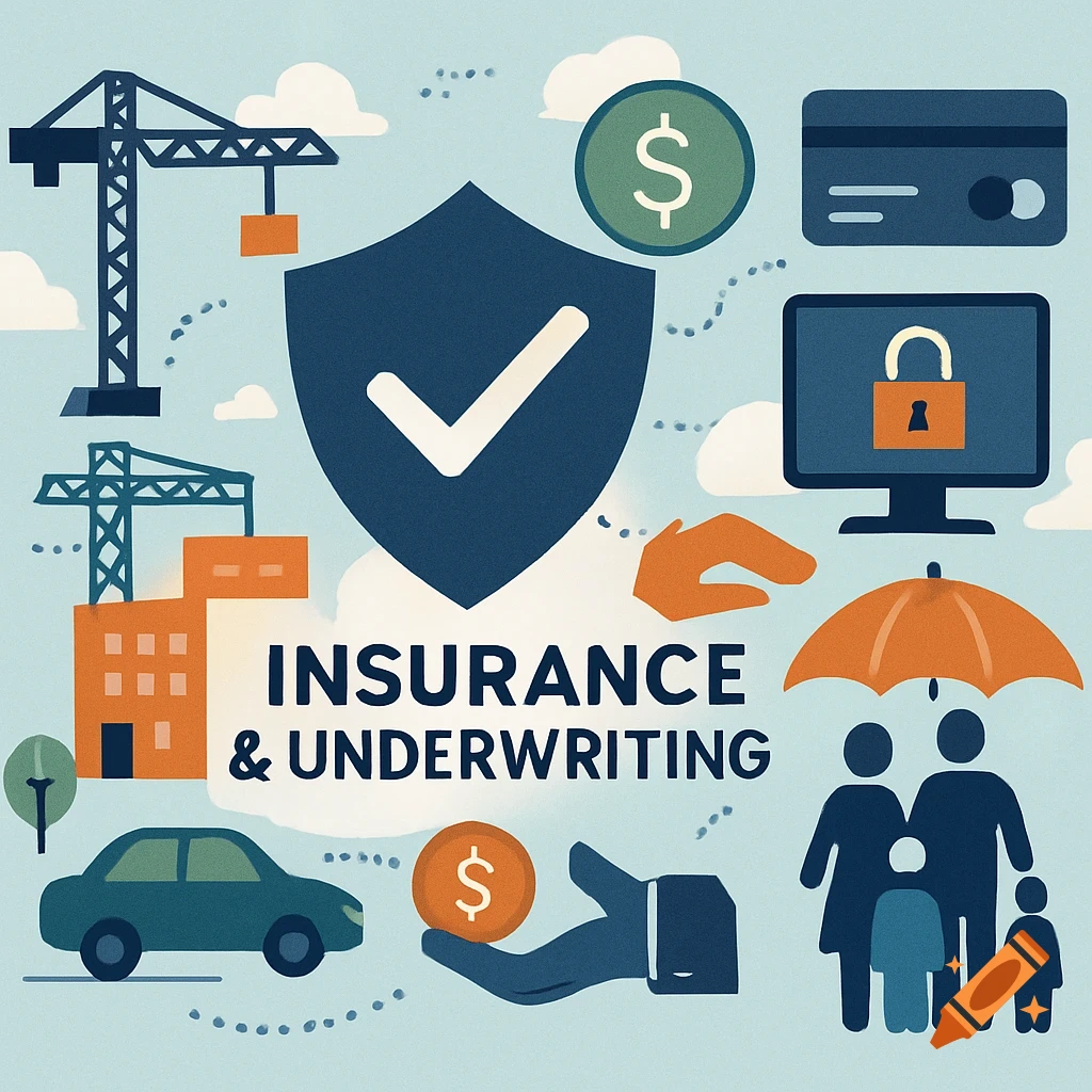 Stylized illustration with icons representing insurance and ...