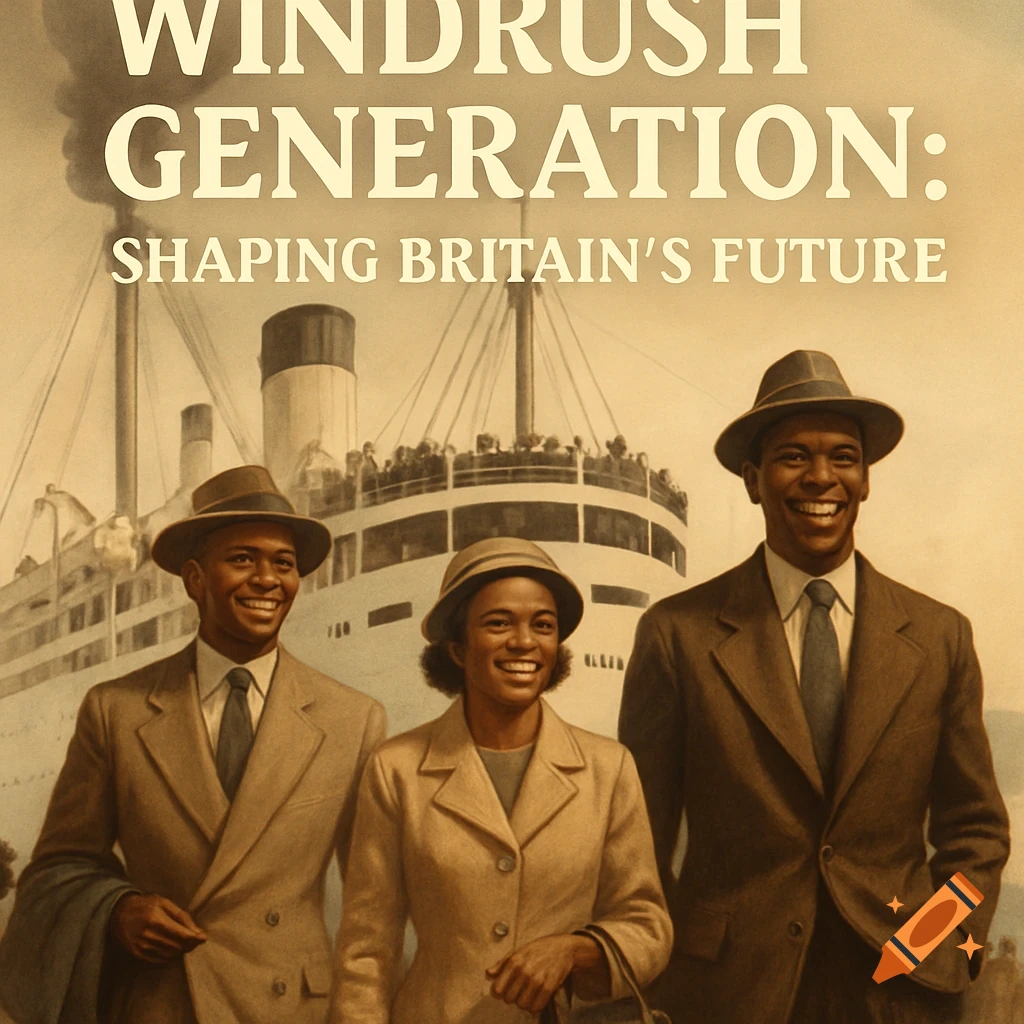 Illustration of smiling people in vintage clothing standing in front of ...