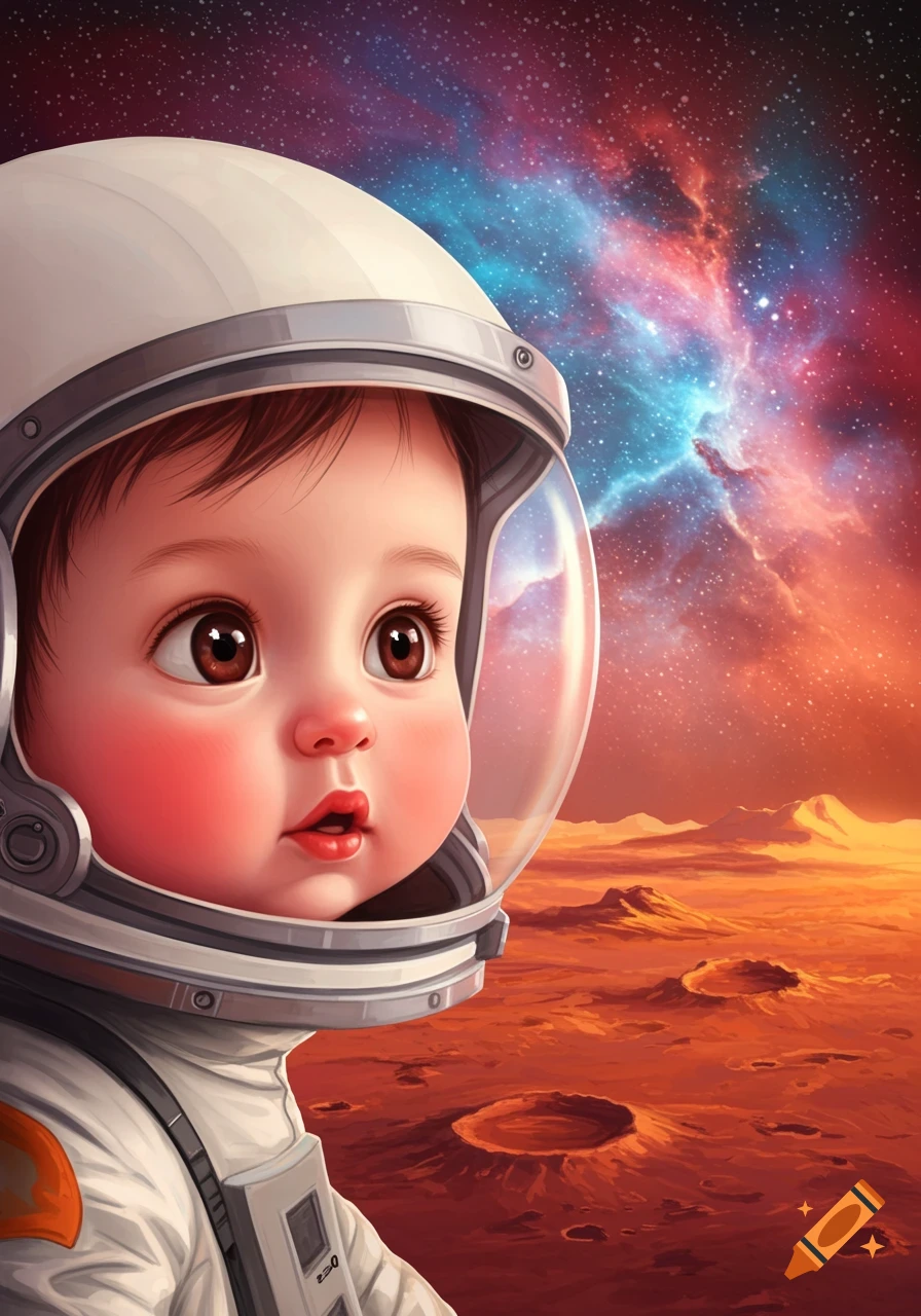 Cute baby in an astronaut suit looks up at the starry sky on a Mars ...