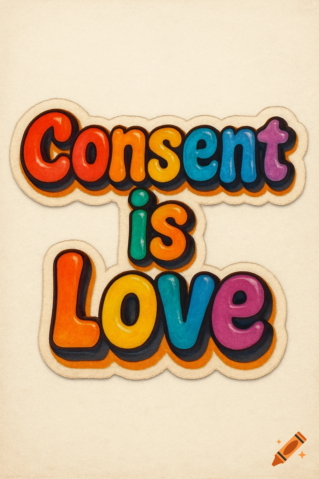 Retro sticker with rainbow bubble text saying 'Consent is Love' on Craiyon