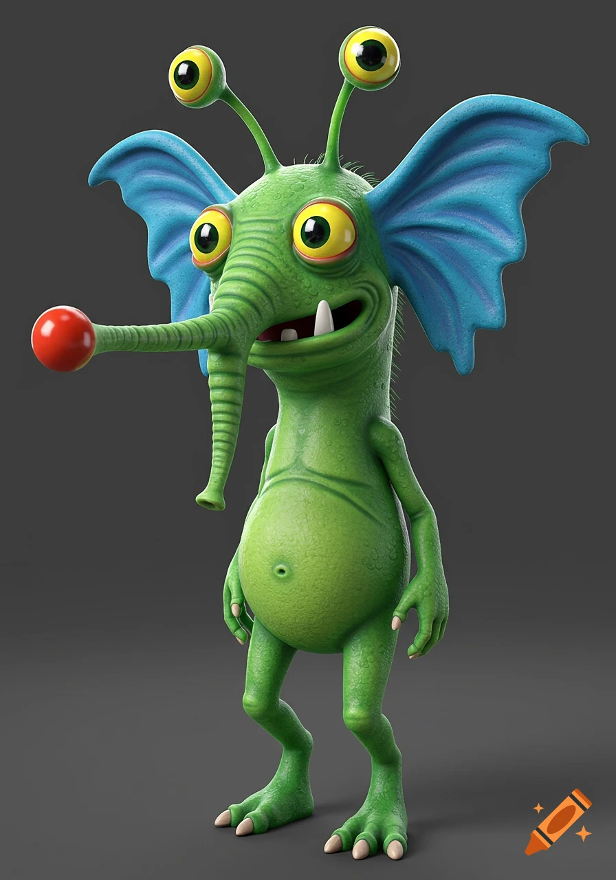 A green cartoon monster with big yellow eyes, blue elephant ears, a ...