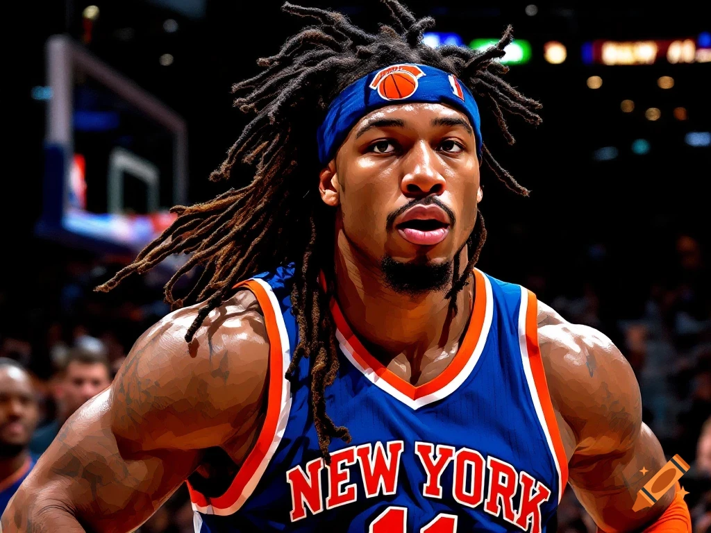 Basketball player in blue and orange jersey with dreadlocks looking ...