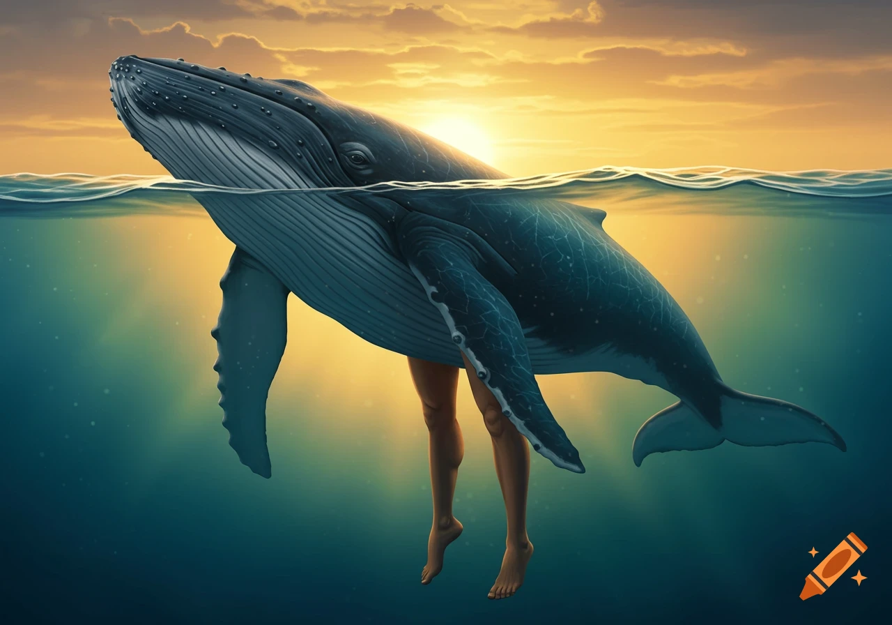 A whale with human legs swims half submerged in the ocean at sunset. on ...