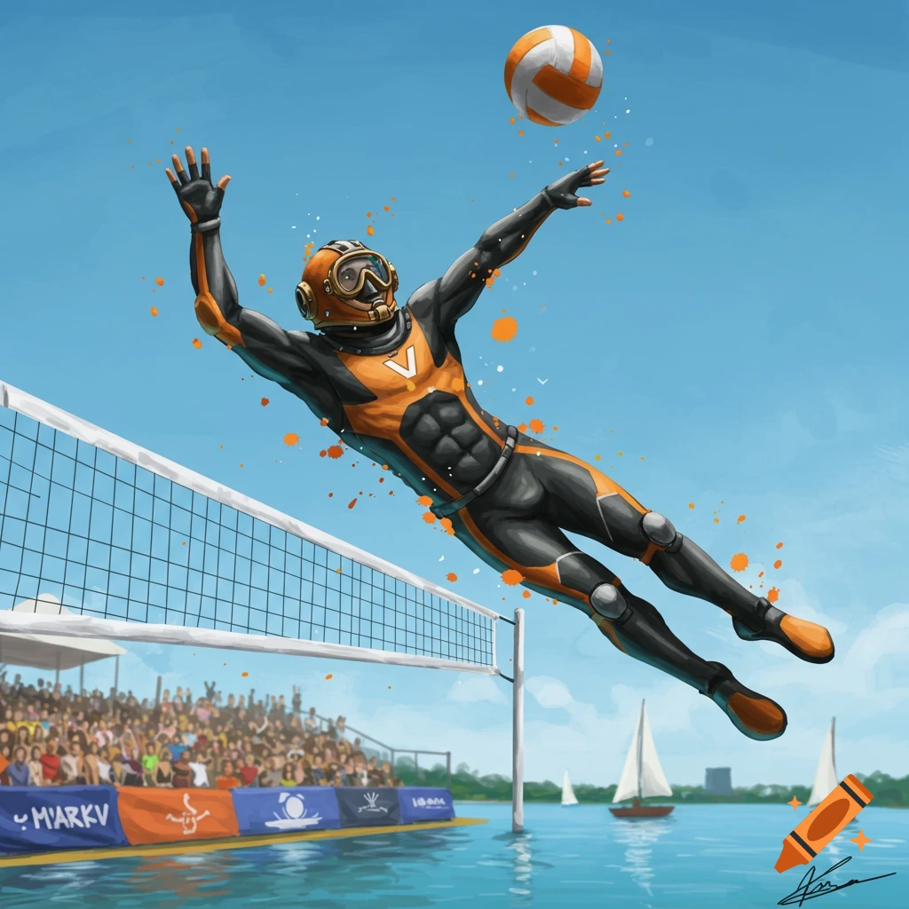 Illustration of a person in a diving suit spiking a volleyball over a ...