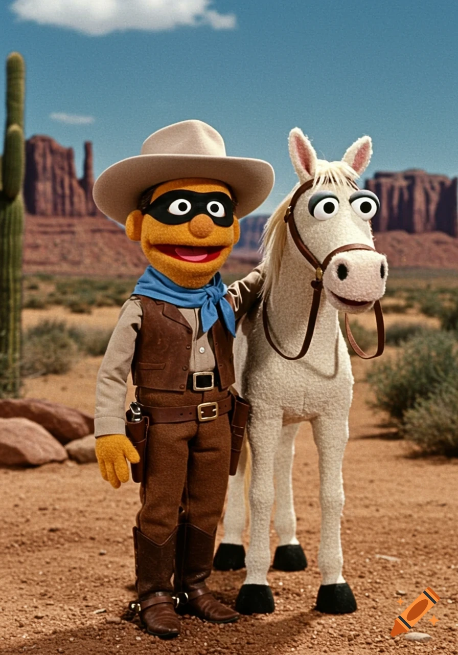 Muppet cowboy with mask stands with a muppet horse in a desert. on Craiyon