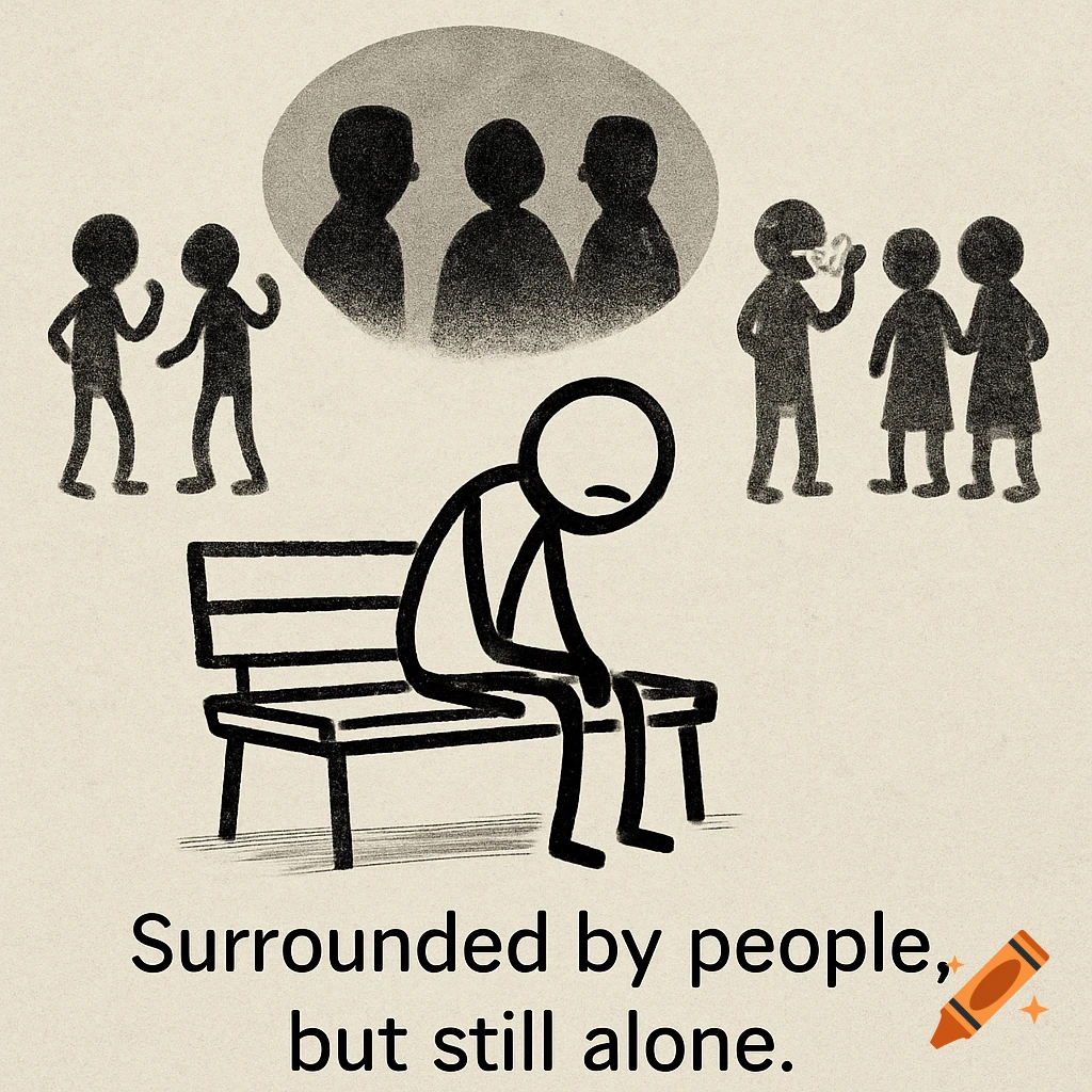 A sad stick figure sits alone on a bench while other stick figures ...