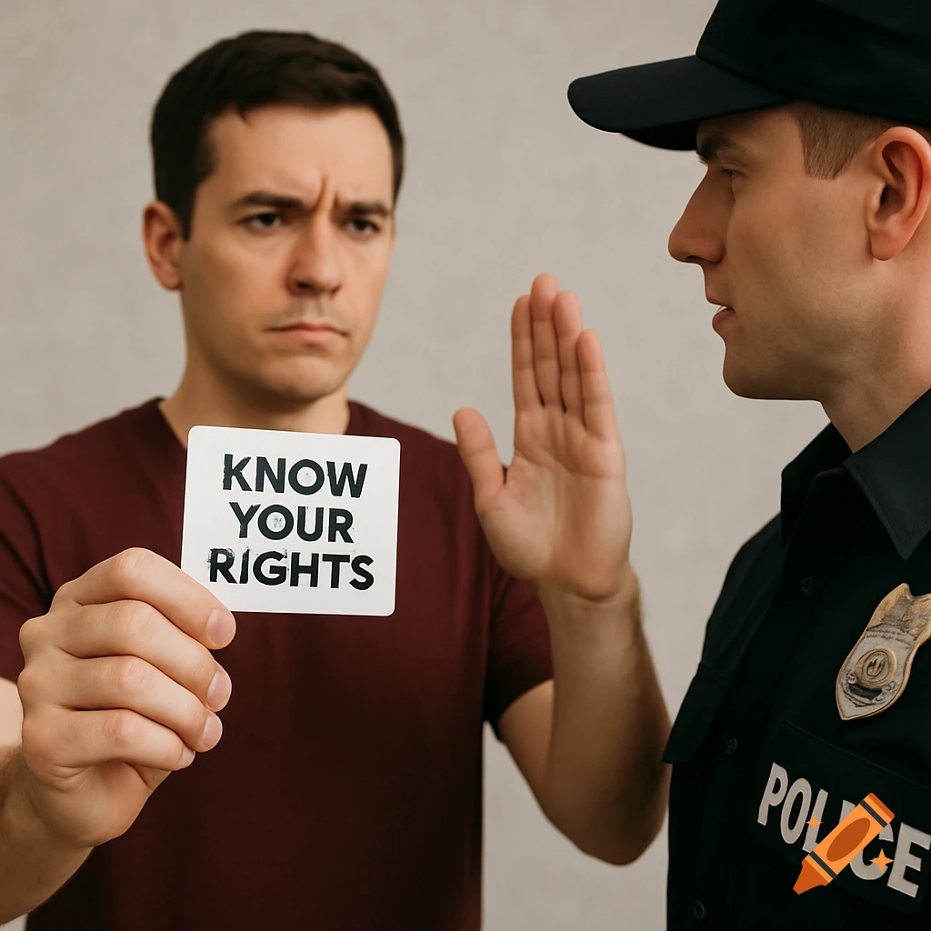 A man holds up a card reading 'KNOW YOUR RIGHTS' to a police officer ...