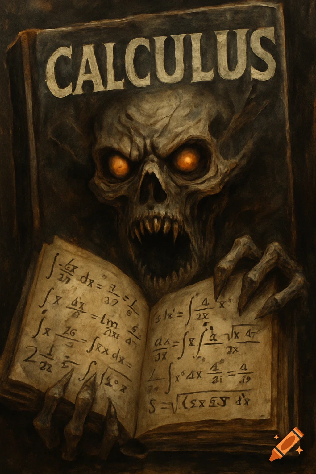 Scary skull creature with glowing eyes holding an open book titled ...
