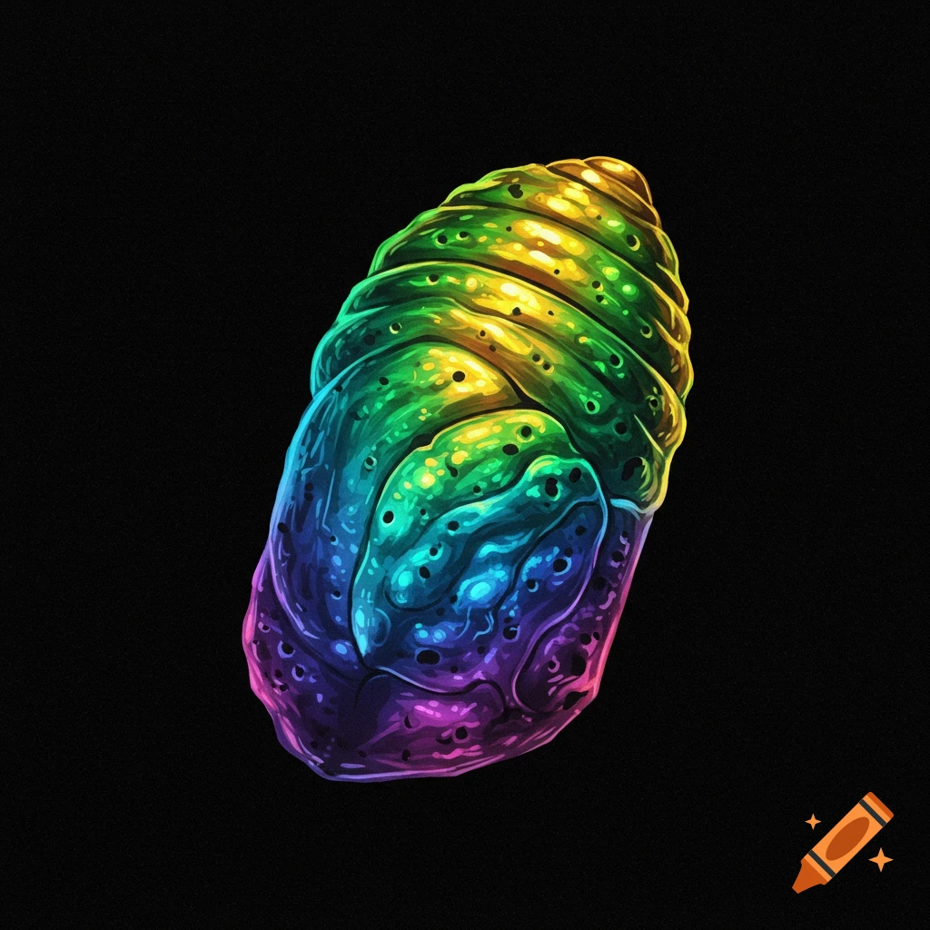 A glowing rainbow-colored segmented cocoon-like alien creature on a ...