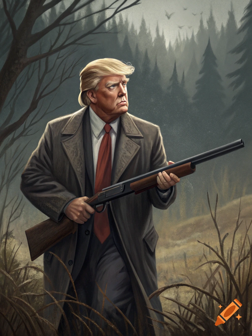 Illustration of Donald Trump holding a shotgun in a misty forest. on ...