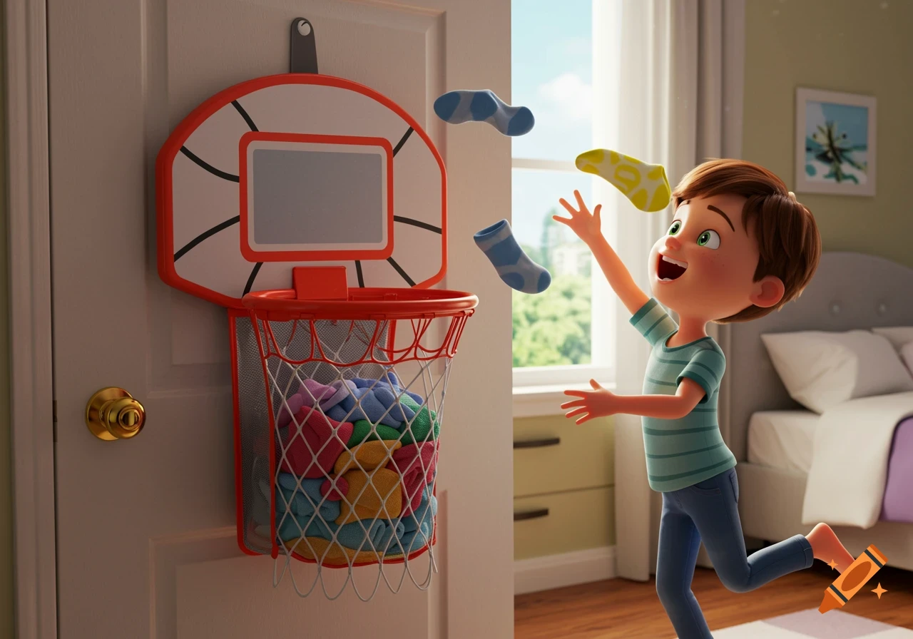 A 3D animation of a boy tossing colorful socks into a hanging laundry ...