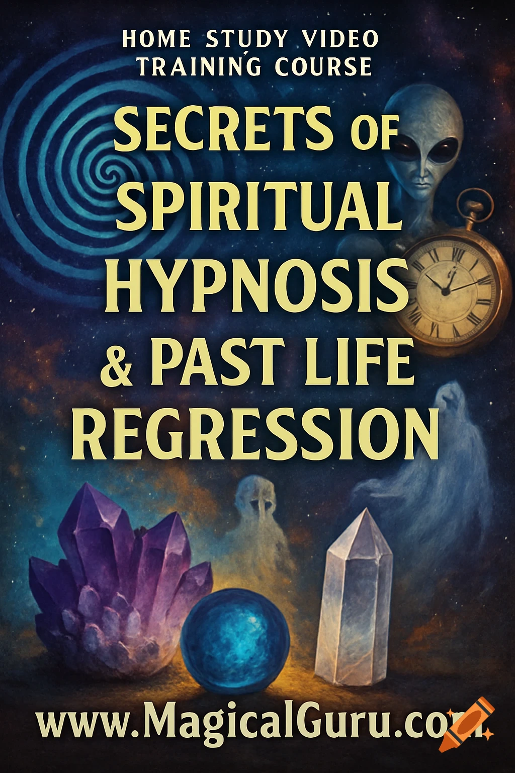 Poster for a spiritual hypnosis course featuring an alien, crystals ...