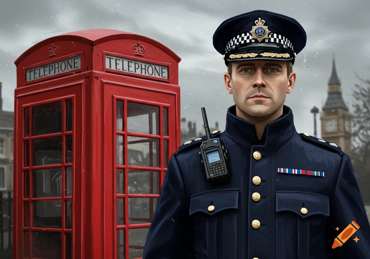 A UK police officer stands beside a red telephone booth in London. on ...