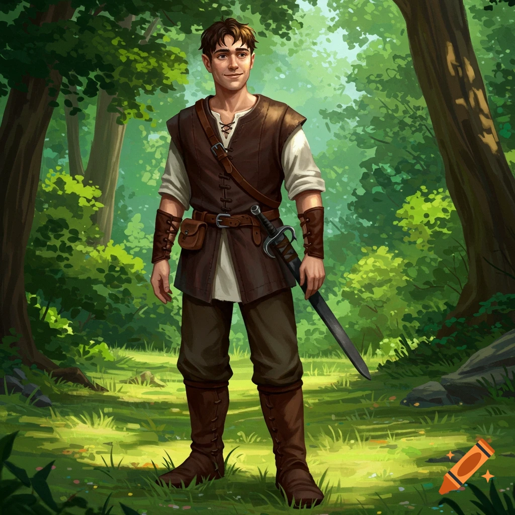A young male adventurer stands in a forest clearing, wearing a leather ...