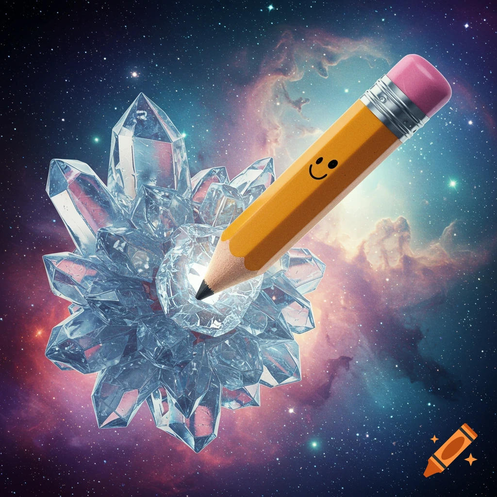 A cartoon pencil with a smiley face floating next to a large crystal ...
