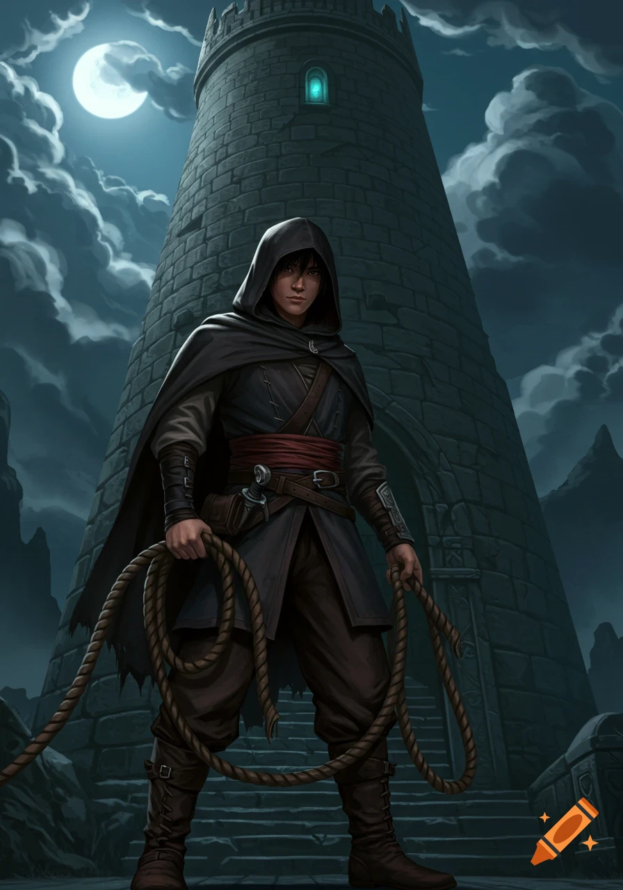 Fantasy thief in cloak holding rope before a tower at night under a ...