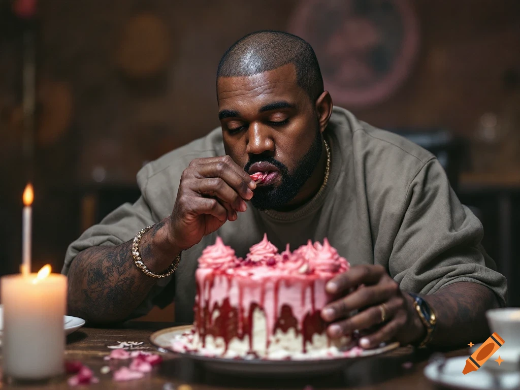 Kanye West eating a slice of pink cake by candlelight. on Craiyon