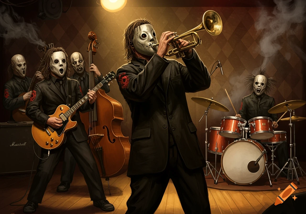 Masked band plays jazz instruments in a dim room, stylized art. on Craiyon