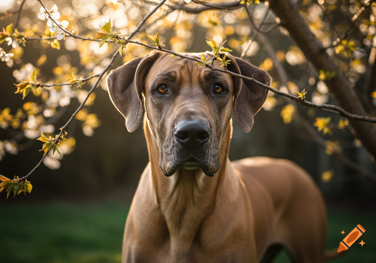 Photorealistic portrait of a Great Dane dog framed by branches with ...